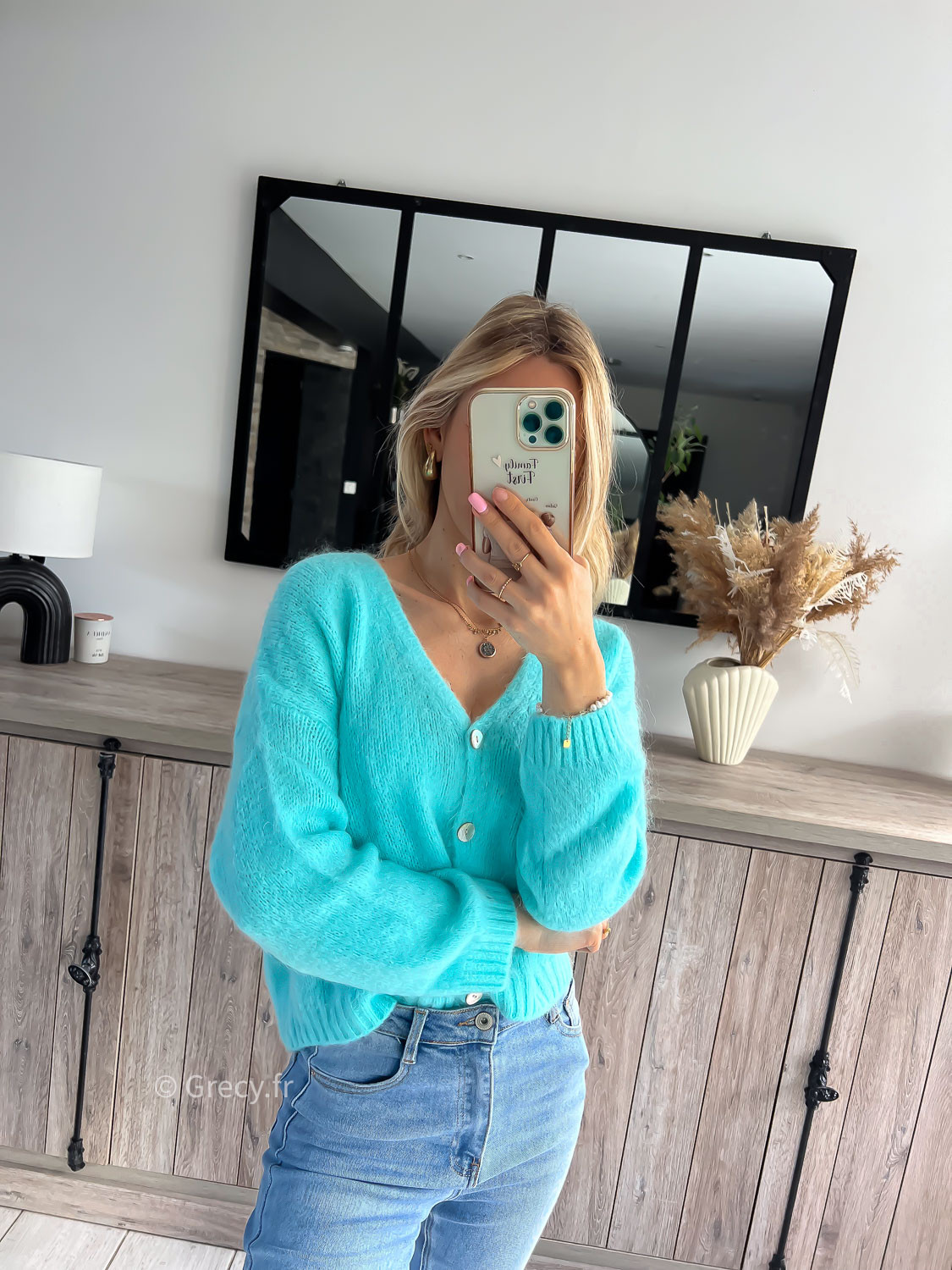 Gilet boutonné en mohair bleu Tiffany col V Couleur bleu Taille Taille unique convient du 34 au 42